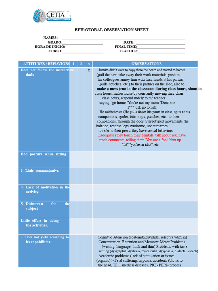 Behavioral Observation Sheet Template | PDF | Borderline Personality ...