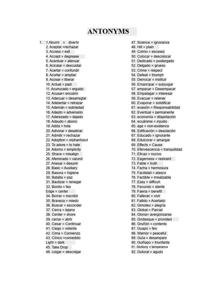 100 Examples of Antonyms, Synonyms, Homographs, Homonyms, Homophones | PDF