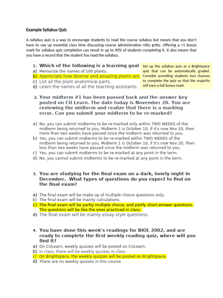 Syllabus Quiz for BIOL 2002 Course | PDF