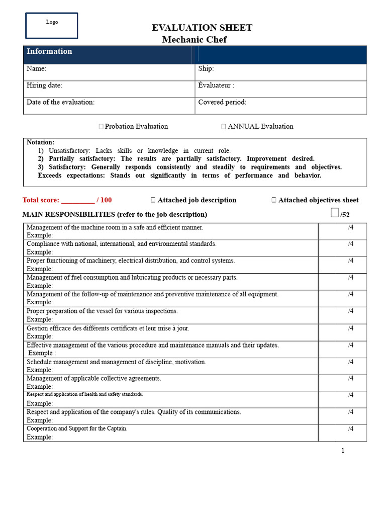 Evaluation Sheet Chief Mechanic F | PDF | Evaluation | Business