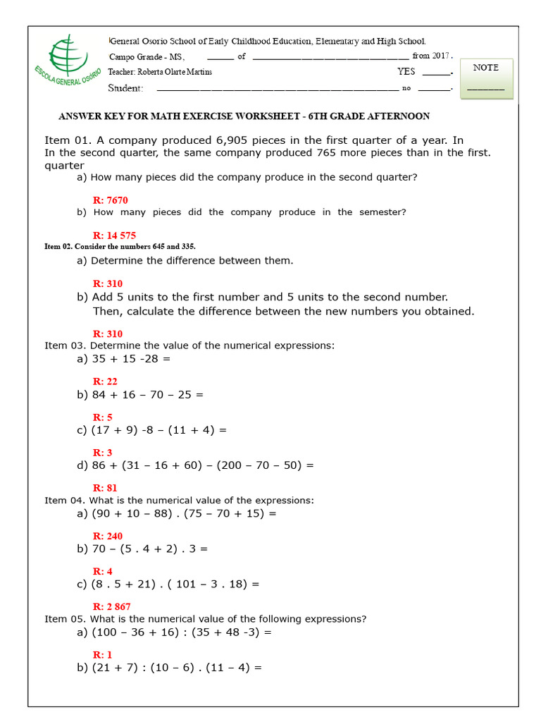 6th Grade Mathematics Afternoon Answer Key Exercise Battery | PDF ...