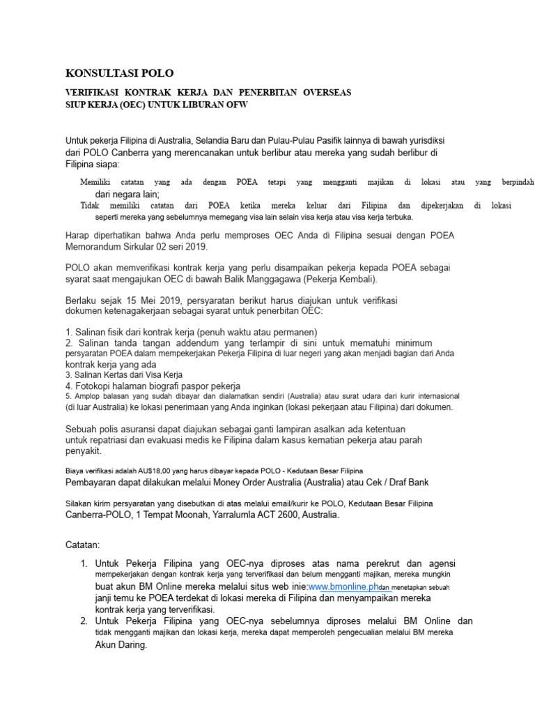 Panduan OEC dan Verifikasi Kontrak OFW | PDF
