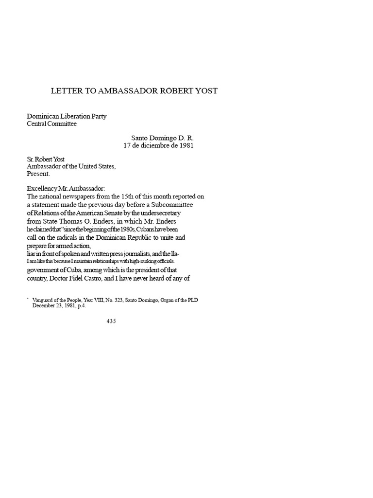 Letter To Ambassador Robert Yost | PDF | Dominican Republic | Government