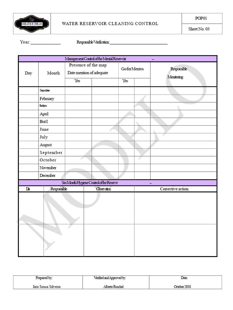 Spreadsheet No. 03 - Water Reservoir Cleaning Control - Gran Gelato | PDF
