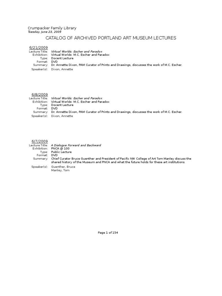 Catalog of Portland Art Museum Lectures | PDF | Paintings