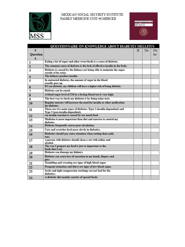 Questionnaire On Knowledge About Diabetes Mellitus | PDF