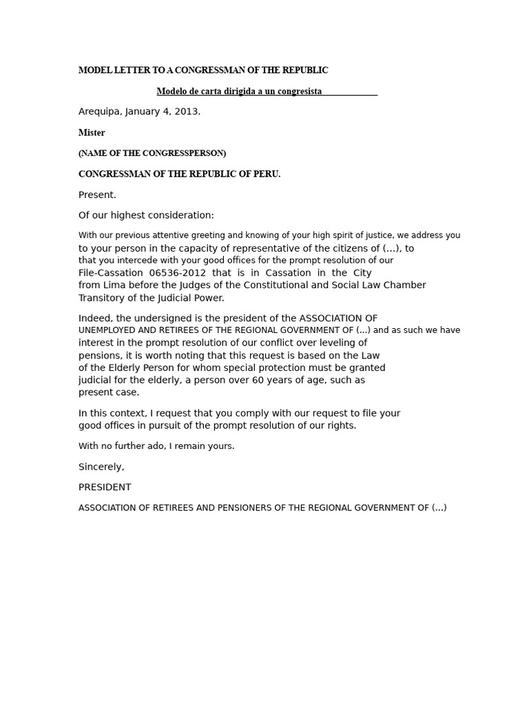 Model Letter To A Congressman of The Republic | PDF