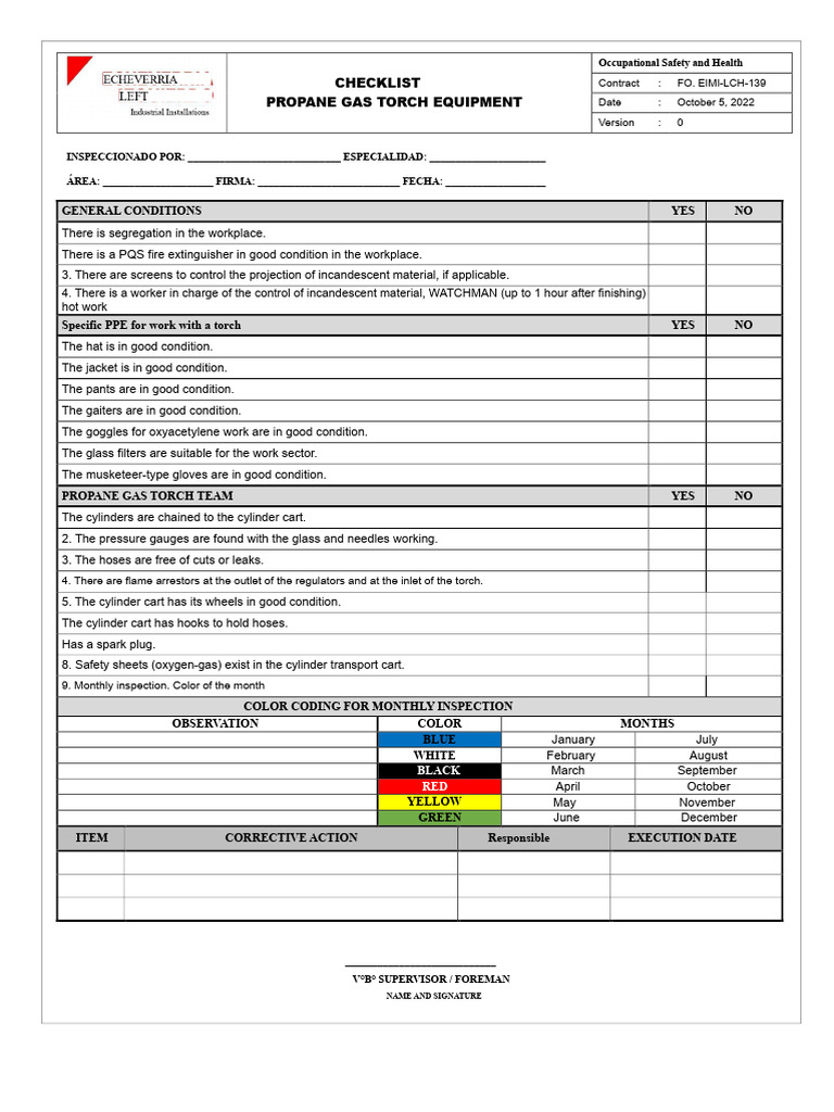 Propane Torch Safety Inspection Checklist | PDF | Equipment