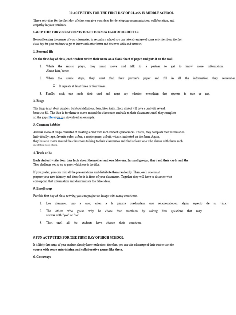 10 Activities For The First Day of Class in Middle School | PDF