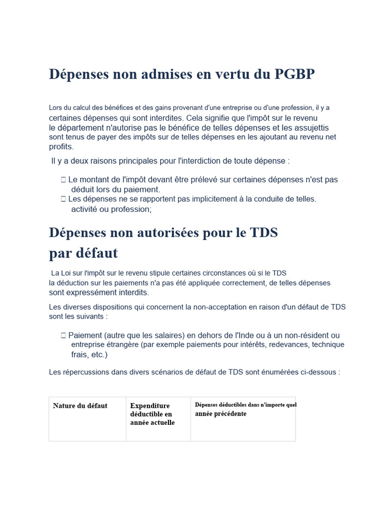 Dépenses non admises en PGBP et TDS | PDF | Banques | Impôt sur le revenu