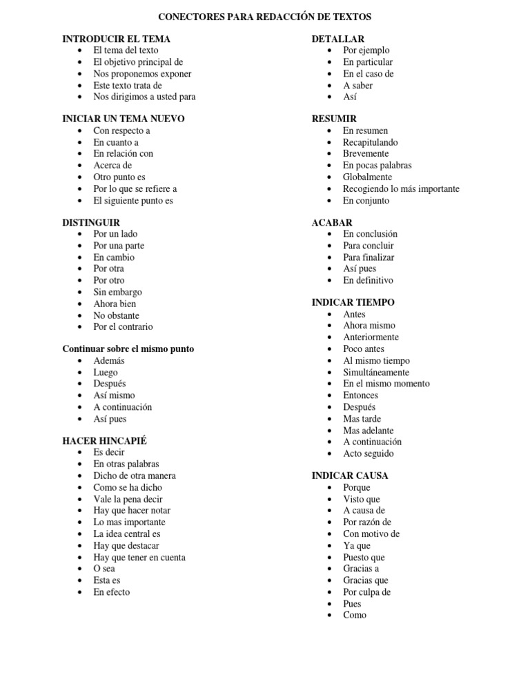 Palabras Conectoras para Redacción de Texto | PDF | Artes del Lenguaje ...