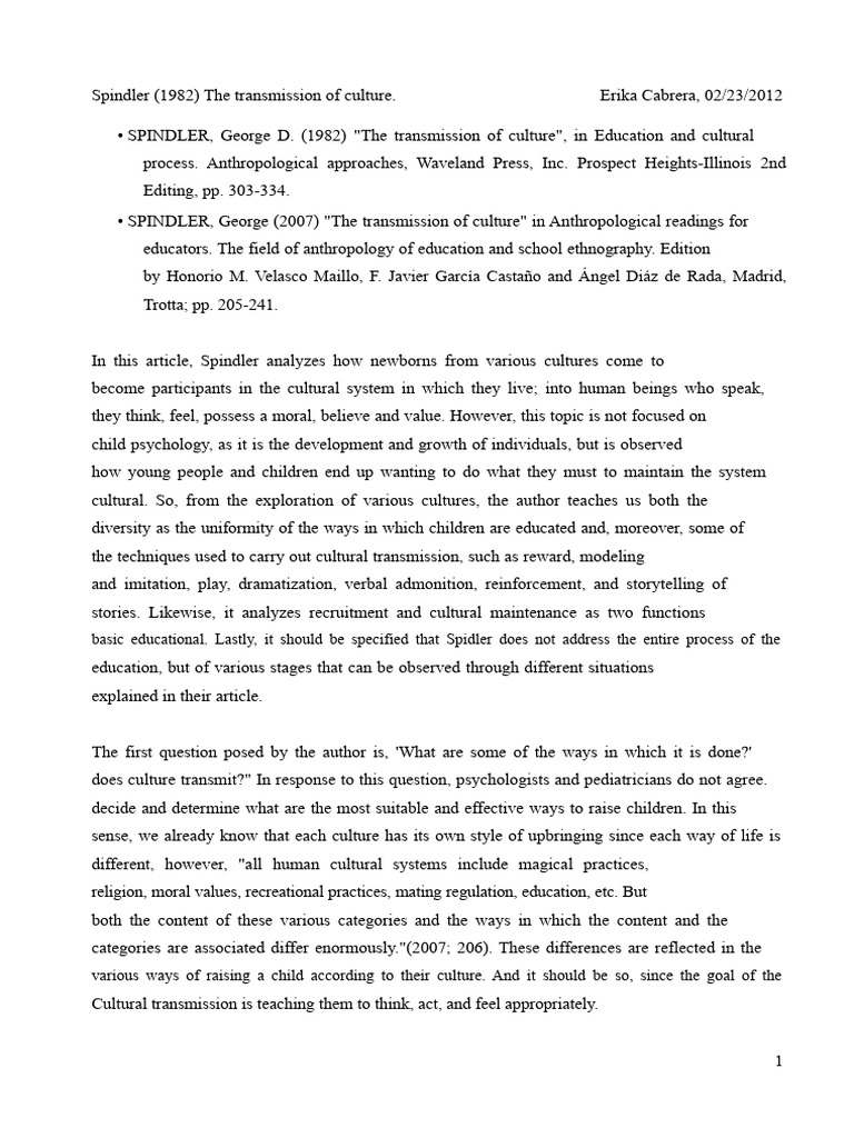 Spindler, The Transmission of Culture | PDF | Liberal Arts Education ...