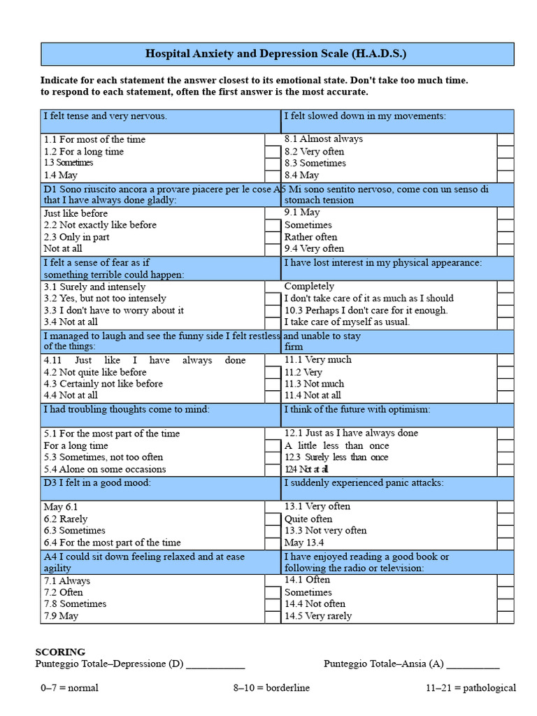 Hospital Anxiety and Depression Scale Guide | PDF | Anxiety | Major ...