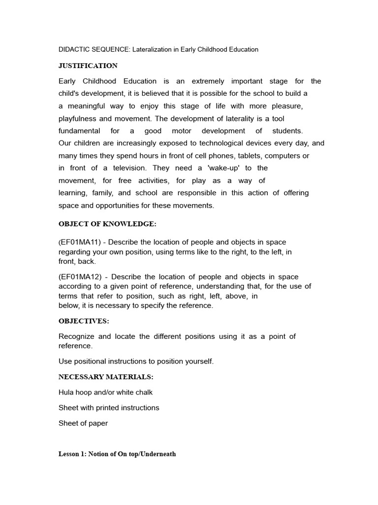 Didactic sequence lateralization | PDF | Early Childhood Education ...