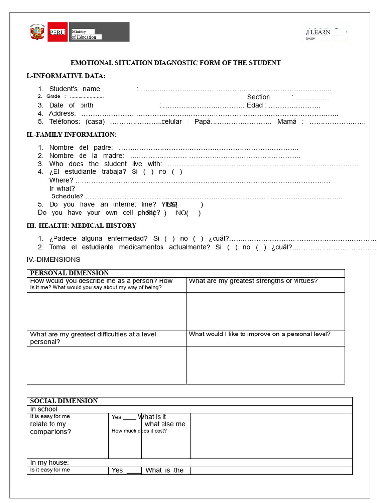 Emotional Situation Diagnostic Form For Students Adapted | PDF ...