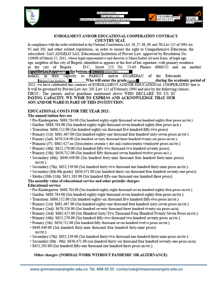 Educational Contract San Angelo School 2021 | PDF | Payments | Tuition ...