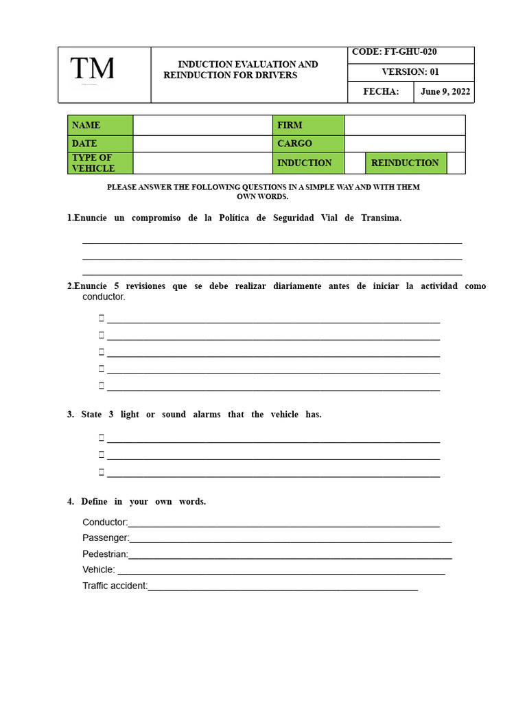 FT-GHU-SC-020 V°1 Induction and Re-induction Assessment for Drivers (1 ...