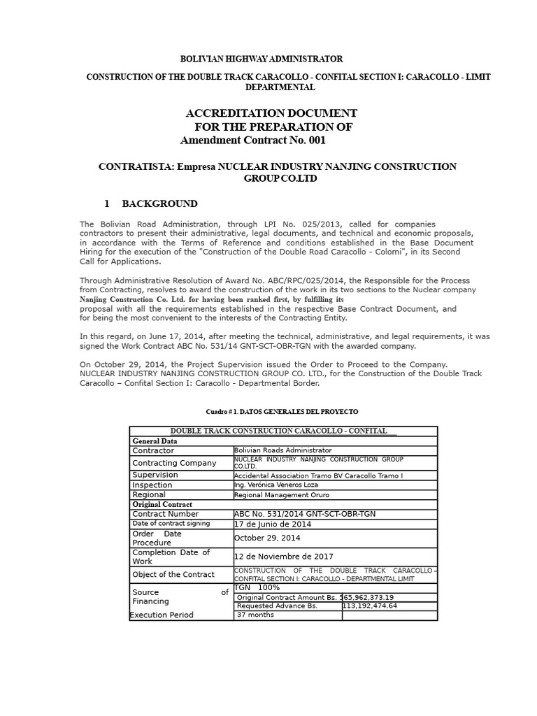 Amendment Contract No. 1-15 t i Rev.00 (1) | PDF | Bolivia | Road