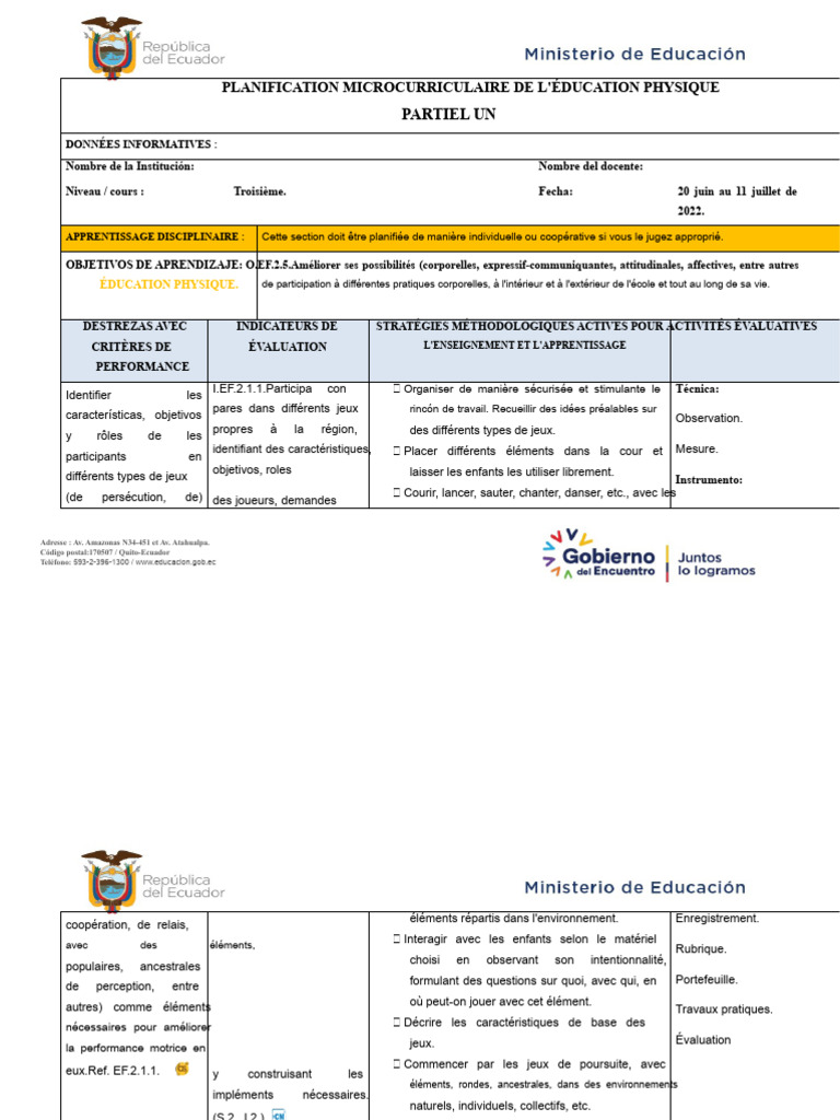 Planification Éducation Physique 2022 | PDF | Apprentissage ...
