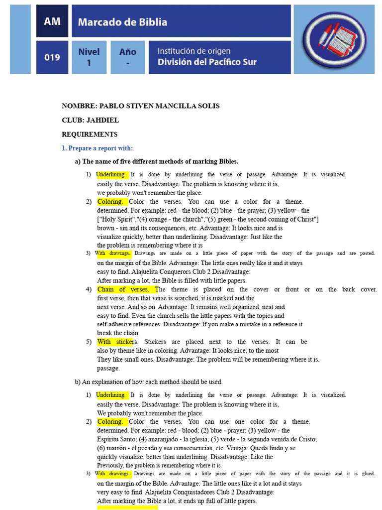 SPECIALTY REPORT ON BIBLE MARKING STIVEN MANCILLA SOLIS JAHDIEL | PDF ...