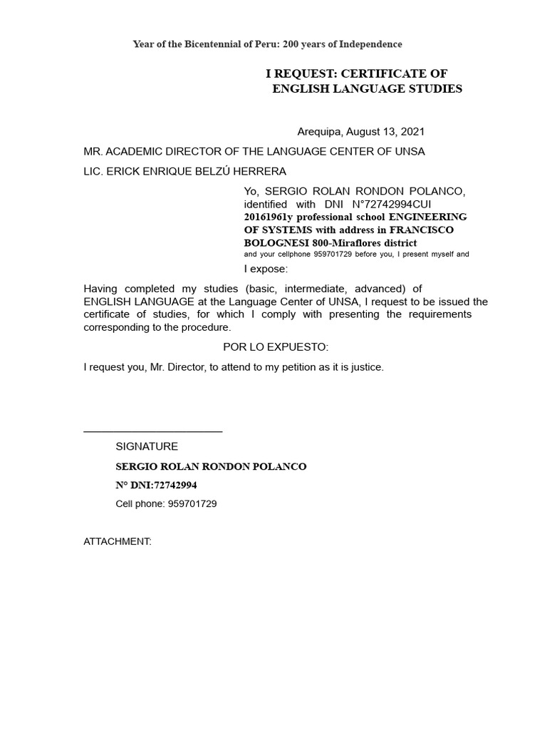Request for English Studies Certificate | PDF