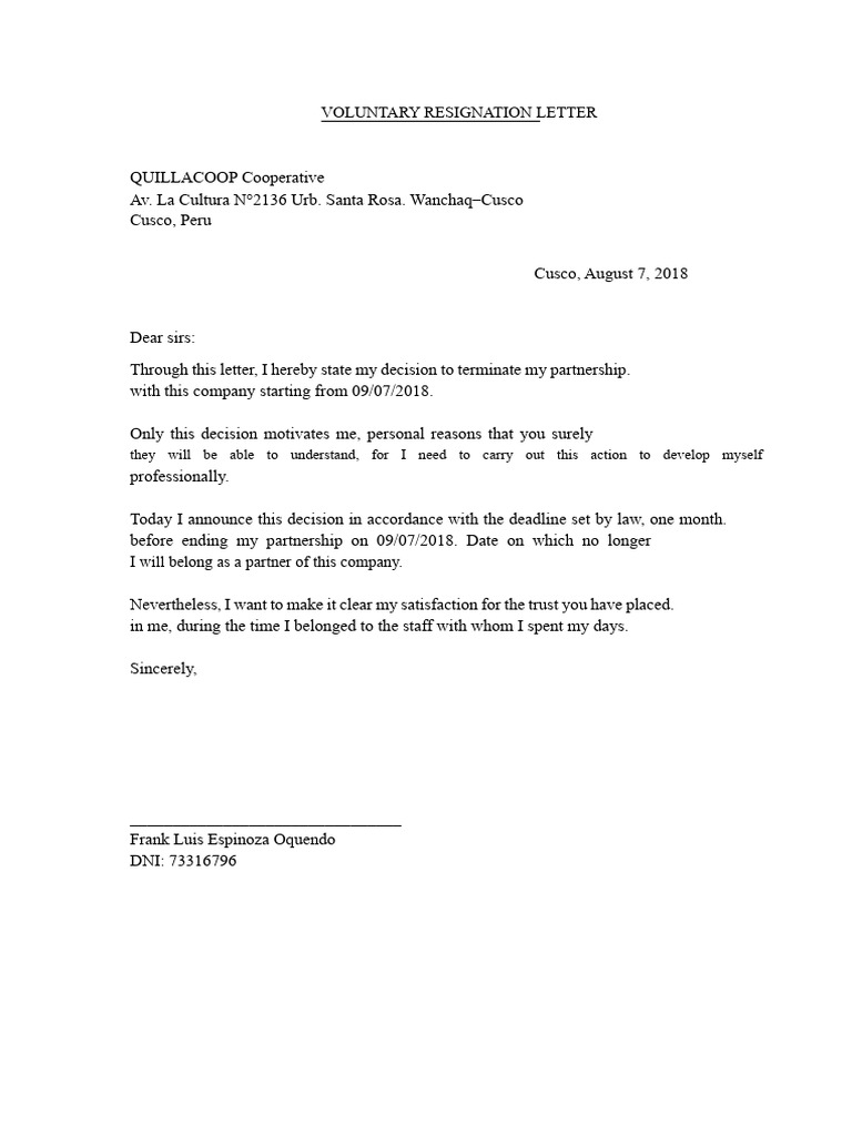 Voluntary Resignation Letter Template | PDF