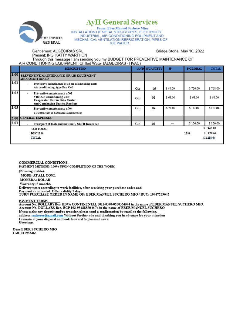 HVAC MAINTENANCE QUOTE AND PROCEDURE ALGECIRAS (Rev 1) | PDF | Air ...
