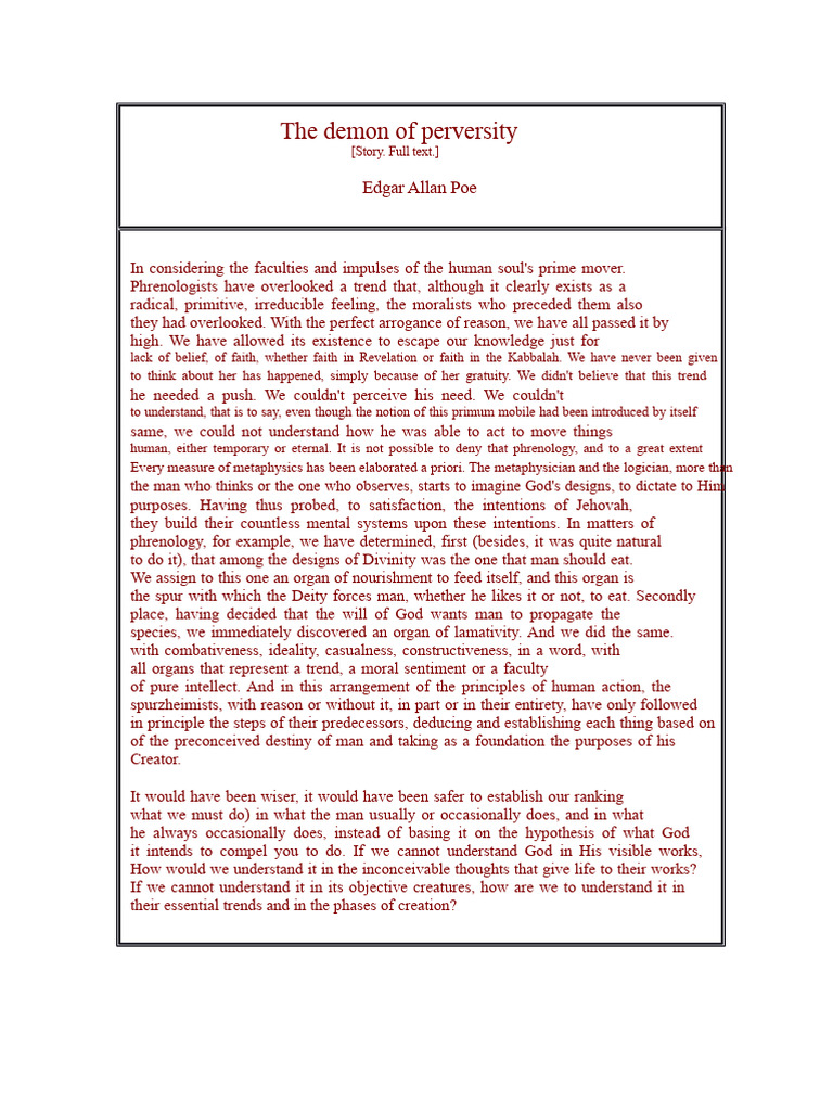 The Demon of the Perversity - Edgar Allan Poe | PDF | Reason | Faith