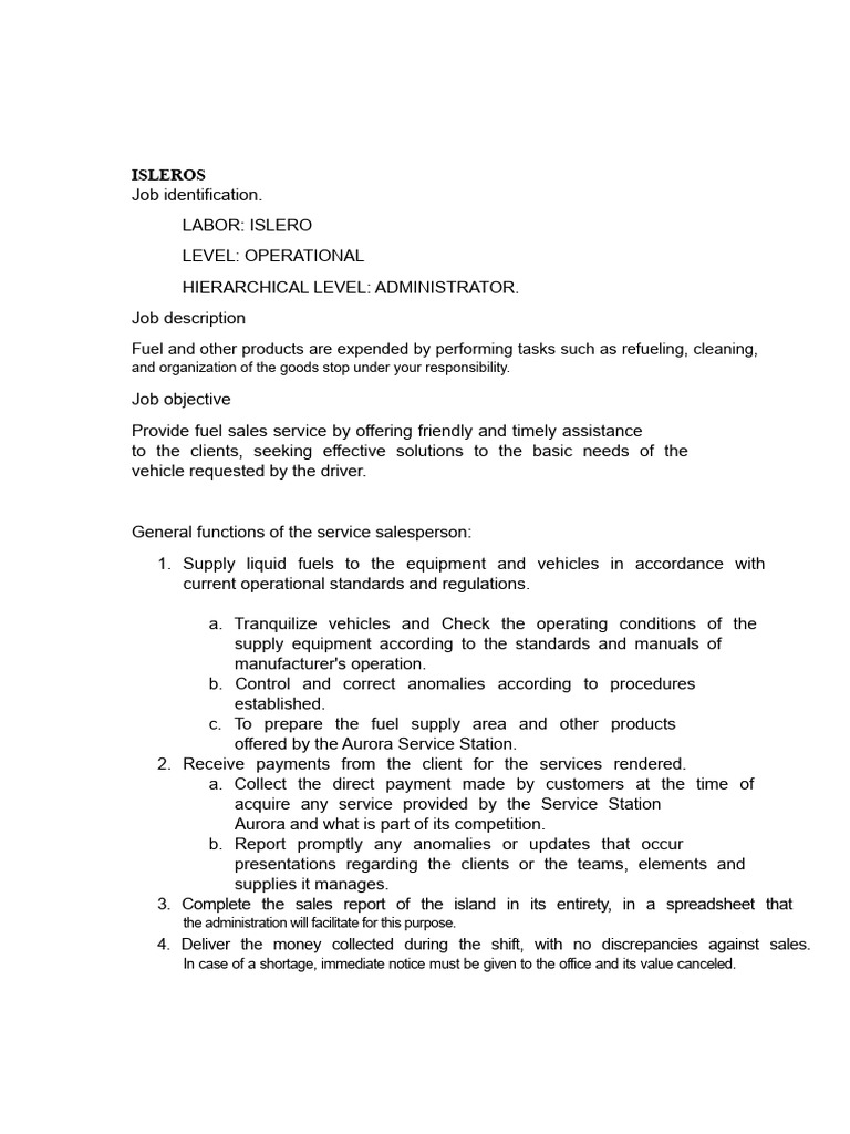 Fuel Sales Service Job Description | PDF | Sales | Money