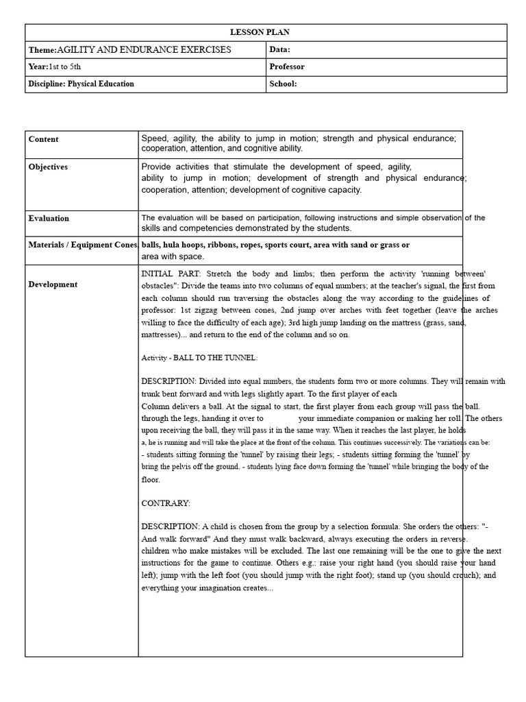 Agility and Endurance Lesson Plan | PDF