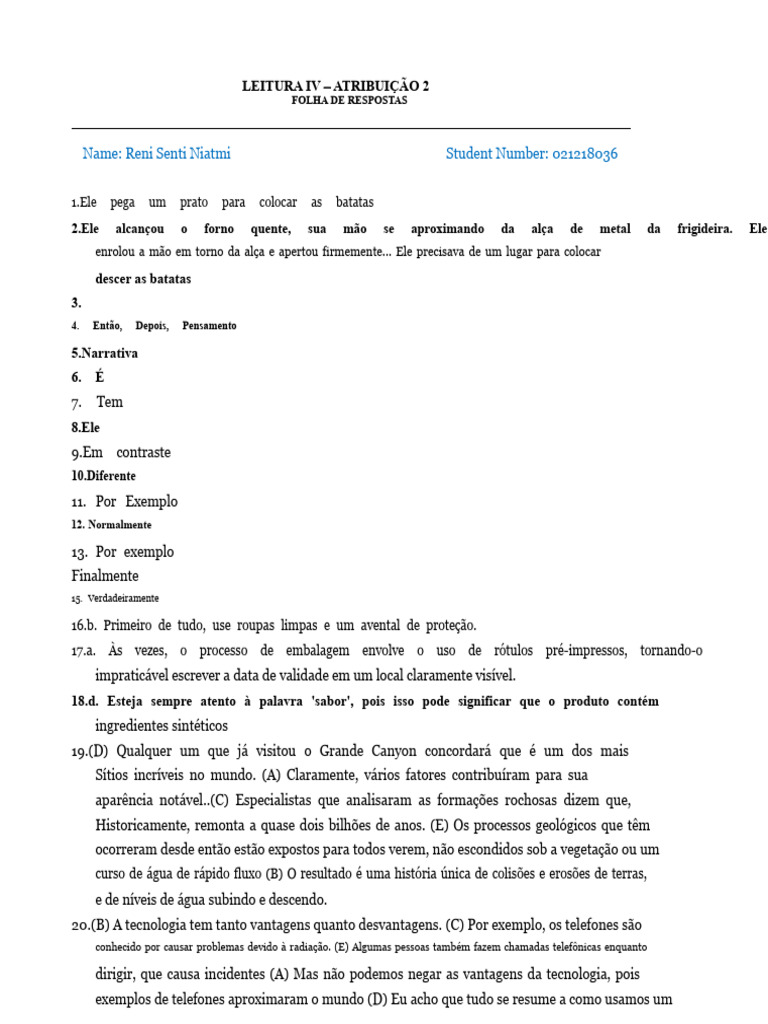 Leitura IV - Tarefa 2_20202 - Folha de Respostas | PDF