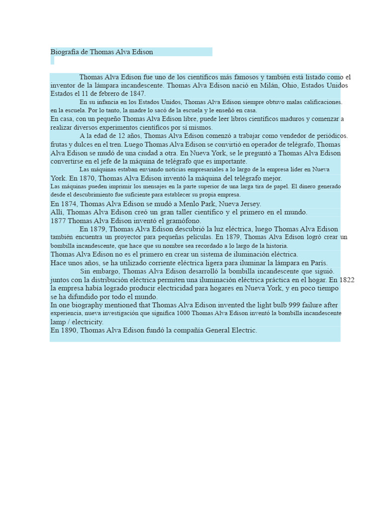 Biografía de Thomas Edison: Inventor y Pionero | PDF | Thomas Edison ...