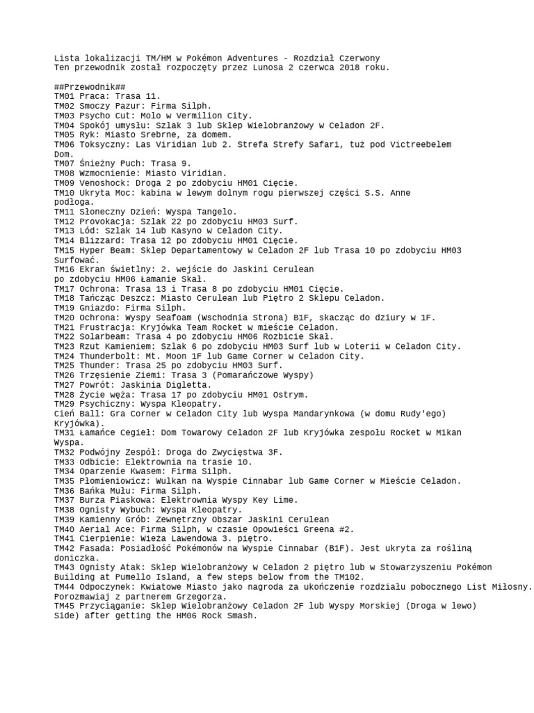 Lokalizacja TM i HM przygody Czerwonej | PDF