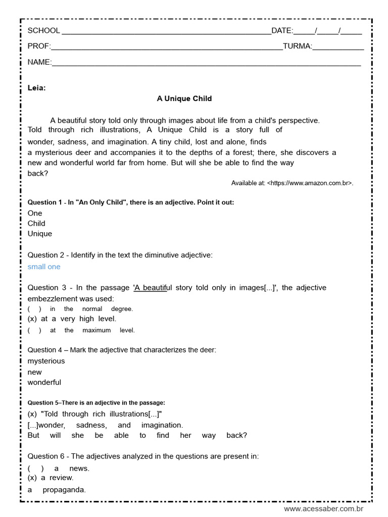 Portuguese Activity - Adjectives - 7th Grade - Answers - Copy | PDF