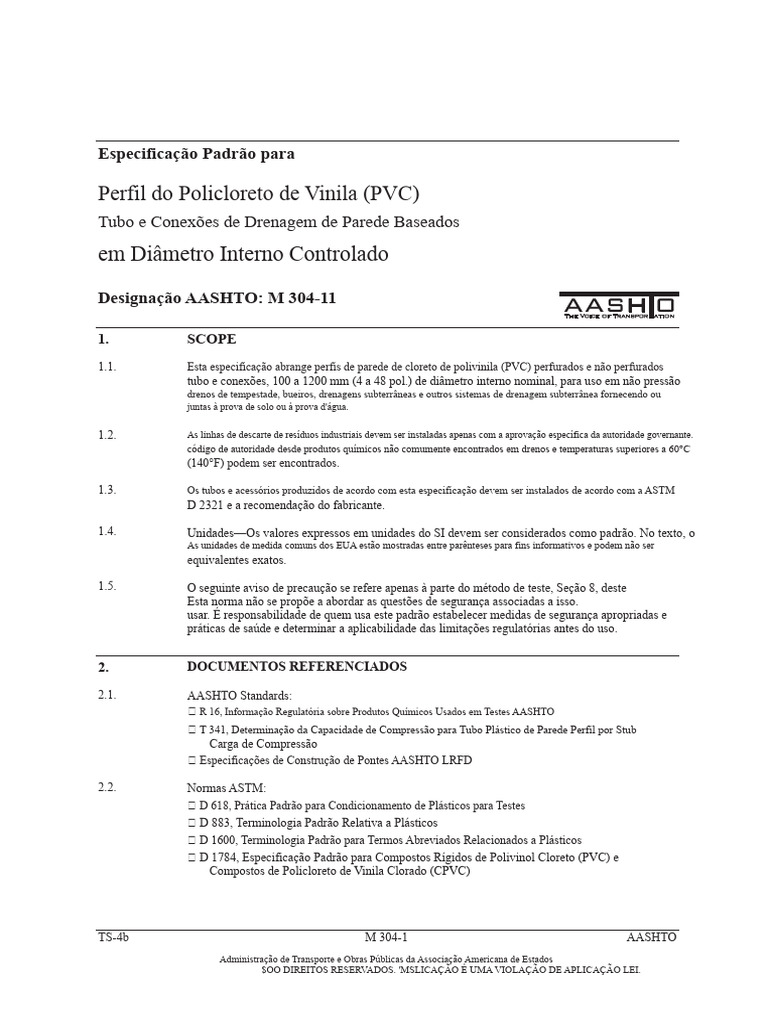 Norma AASHTO M 304 | PDF | Cloreto de polivinila (PVC) | Plástico