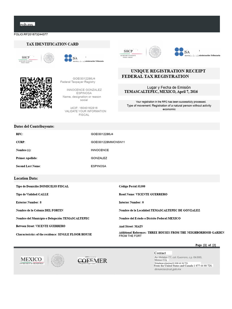 Federal Tax Registration Card for Individuals | PDF | Government ...