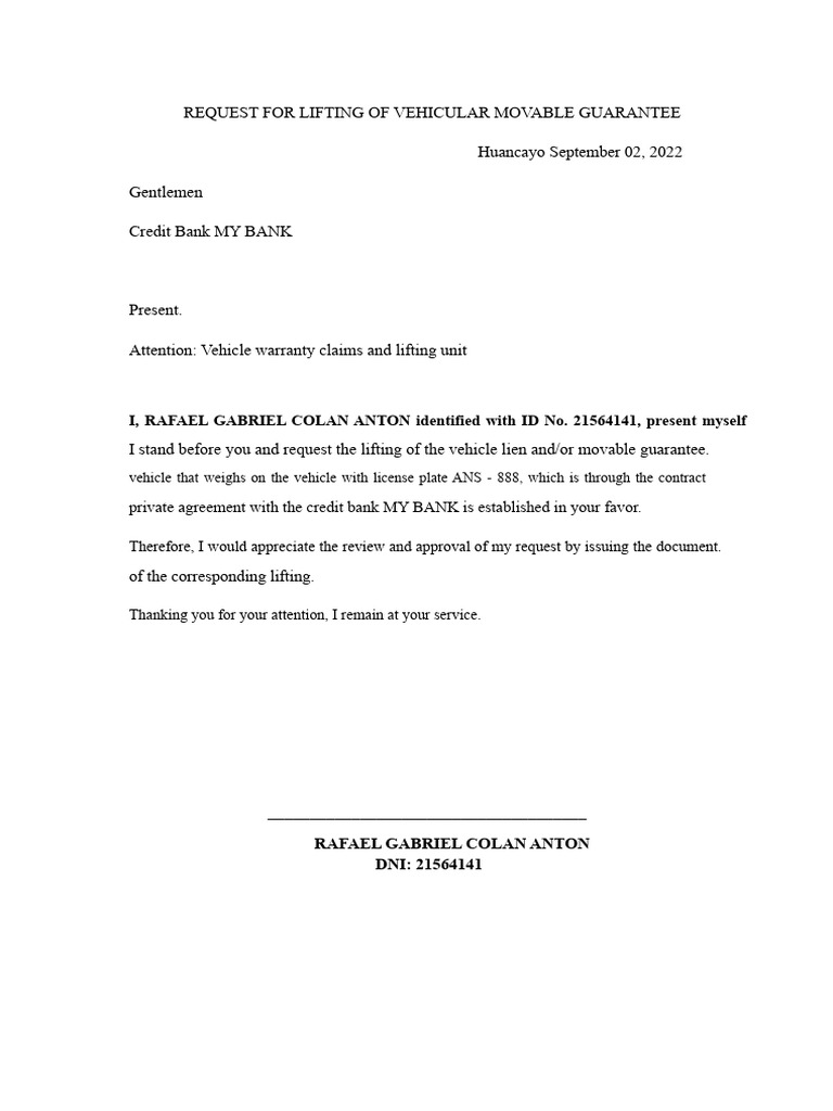 Request For Lifting of Vehicle Movable Guarantee | PDF