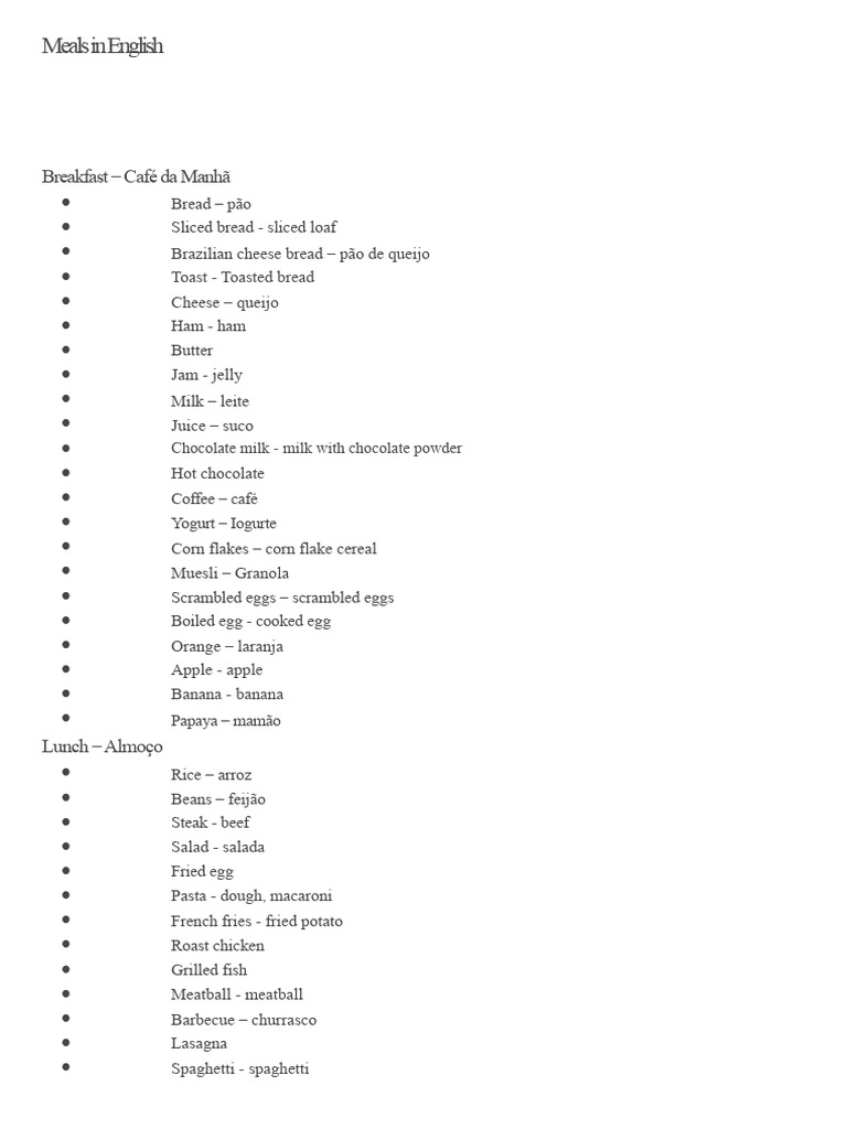 Meals in English | PDF
