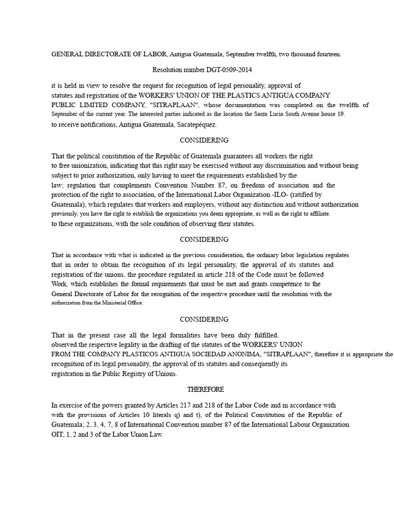 Recognition of SITRAPLAAN Union in Guatemala | PDF | Labor Rights ...