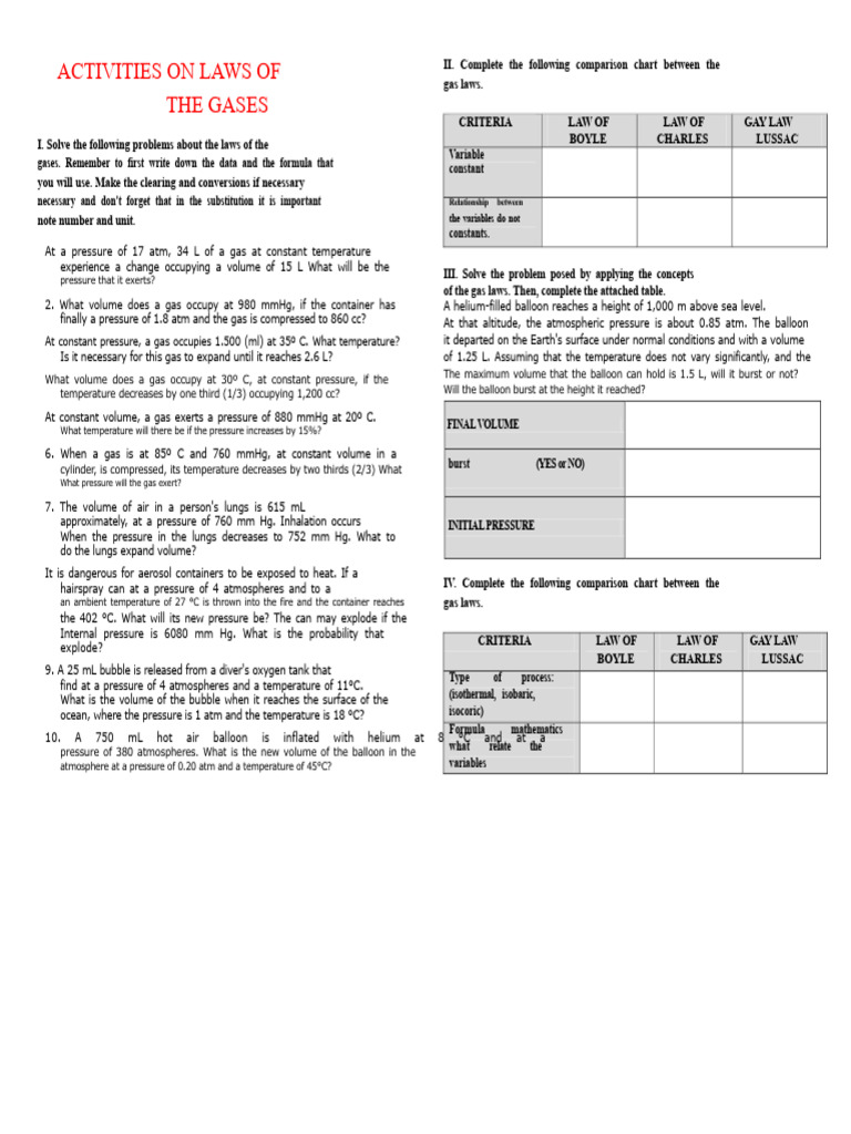 Gas Laws Activities | PDF | Gases | Pressure