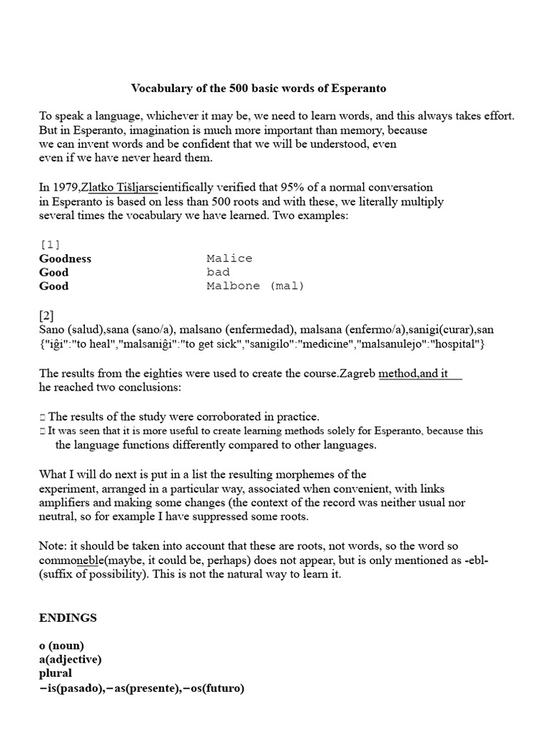 500 Essential Esperanto Vocabulary Roots | PDF | Word | Linguistics