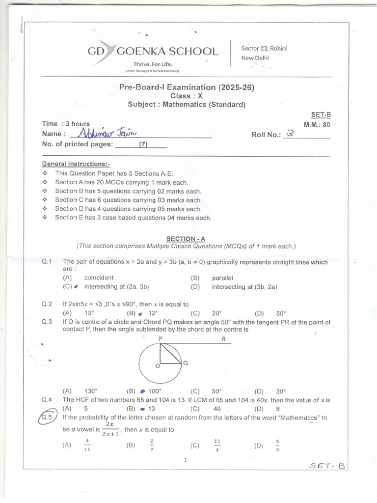 (QP) Class X Maths Pre Board (G D Goenka School, Rohini) 2025-26 | PDF