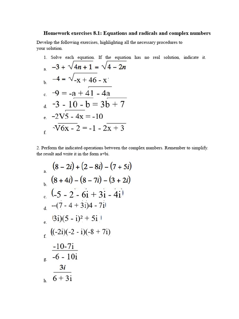 Homework exercises 8.1 Equations and radicals and complex numbers (1) | PDF