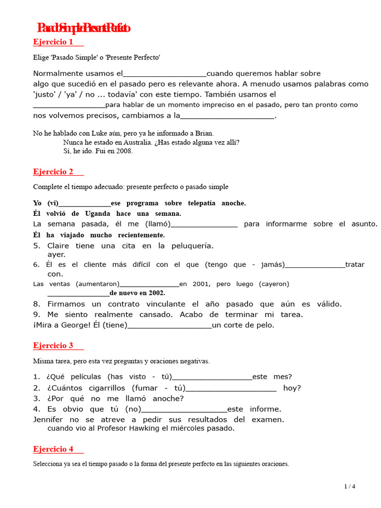 Pasado Simple o Presente Perfecto.1 | PDF