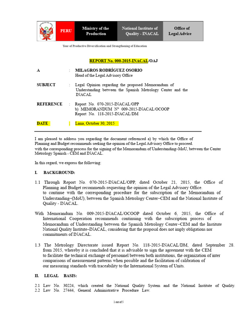 REPORT Memorandum of Understanding INACAL-CEM v4 - VF | PDF | Treaty ...