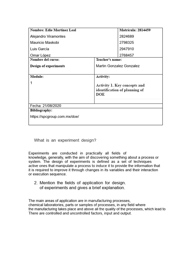 Activity 1 Experimental design | PDF | Experiment | Design Of Experiments