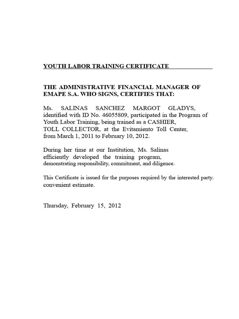 Youth Labor Training Certificate | PDF