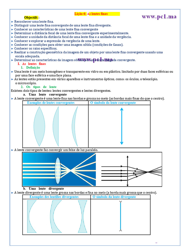 Lição 6 As lentes finas prof. Elmassaoudy (www.pc1.ma) | PDF | Ótica | Luz