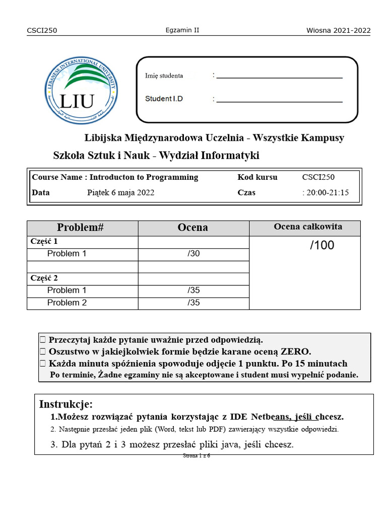 CSCI250 - Egzamin 2 - V1-Rozwiązanie | PDF