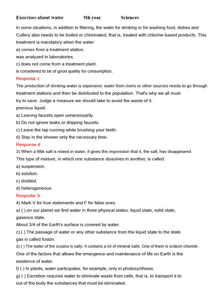 Exercises about water 5th grade Science.docx | PDF | Water | Evaporation